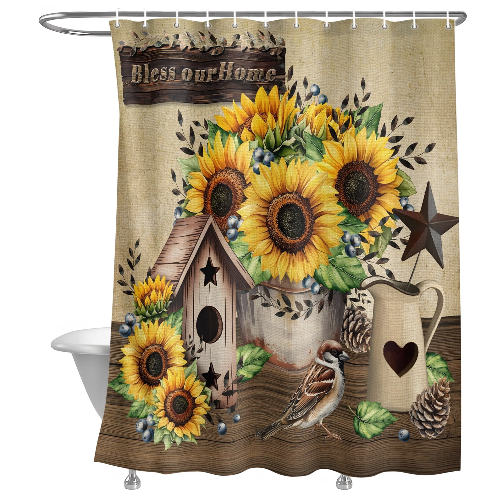 Bathroom Shower Curtain Farmhouse Bird Sunflower Berry Waterproof ...