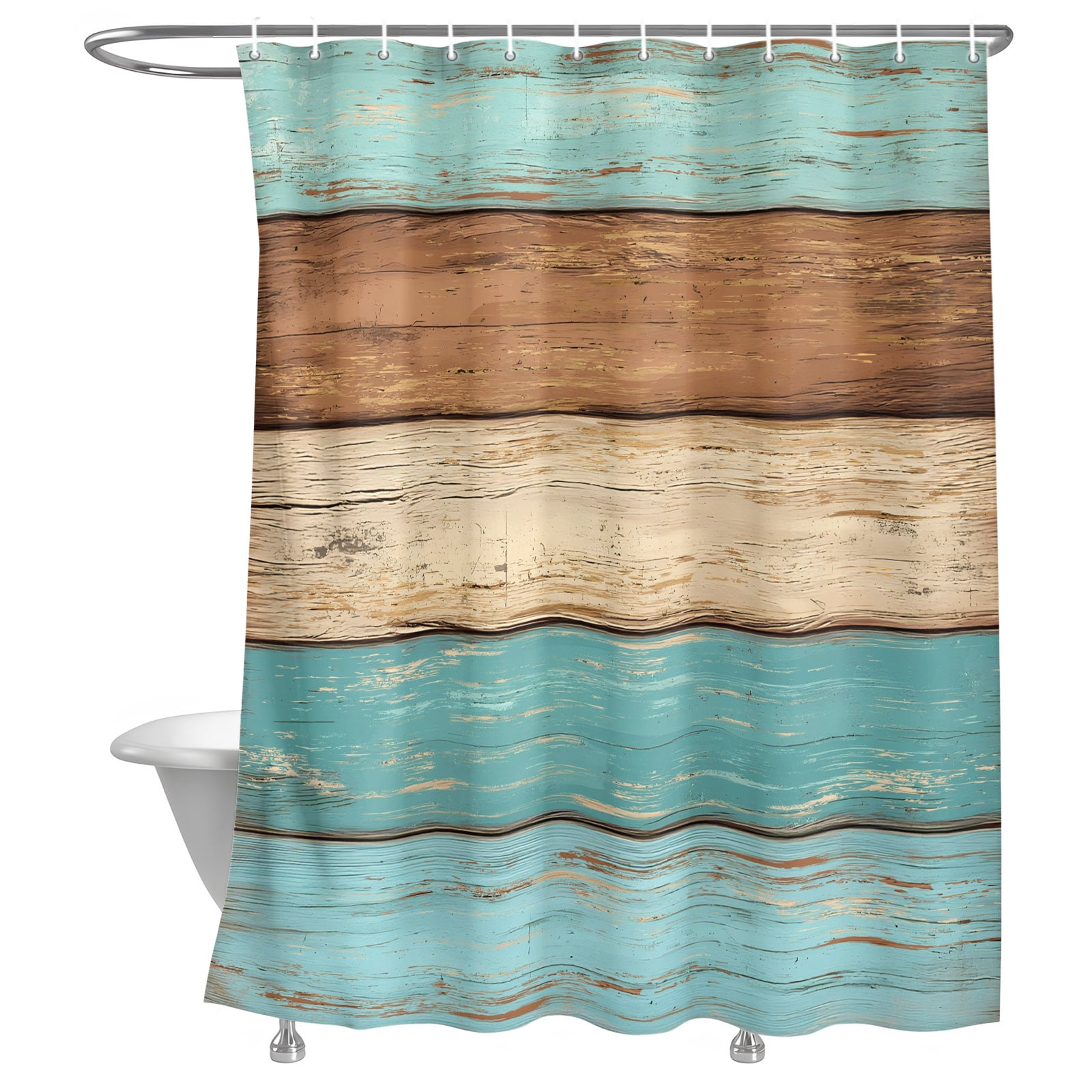 Bathroom Shower Curtain Farmhouse Blue Green Wood Board Waterproof ...