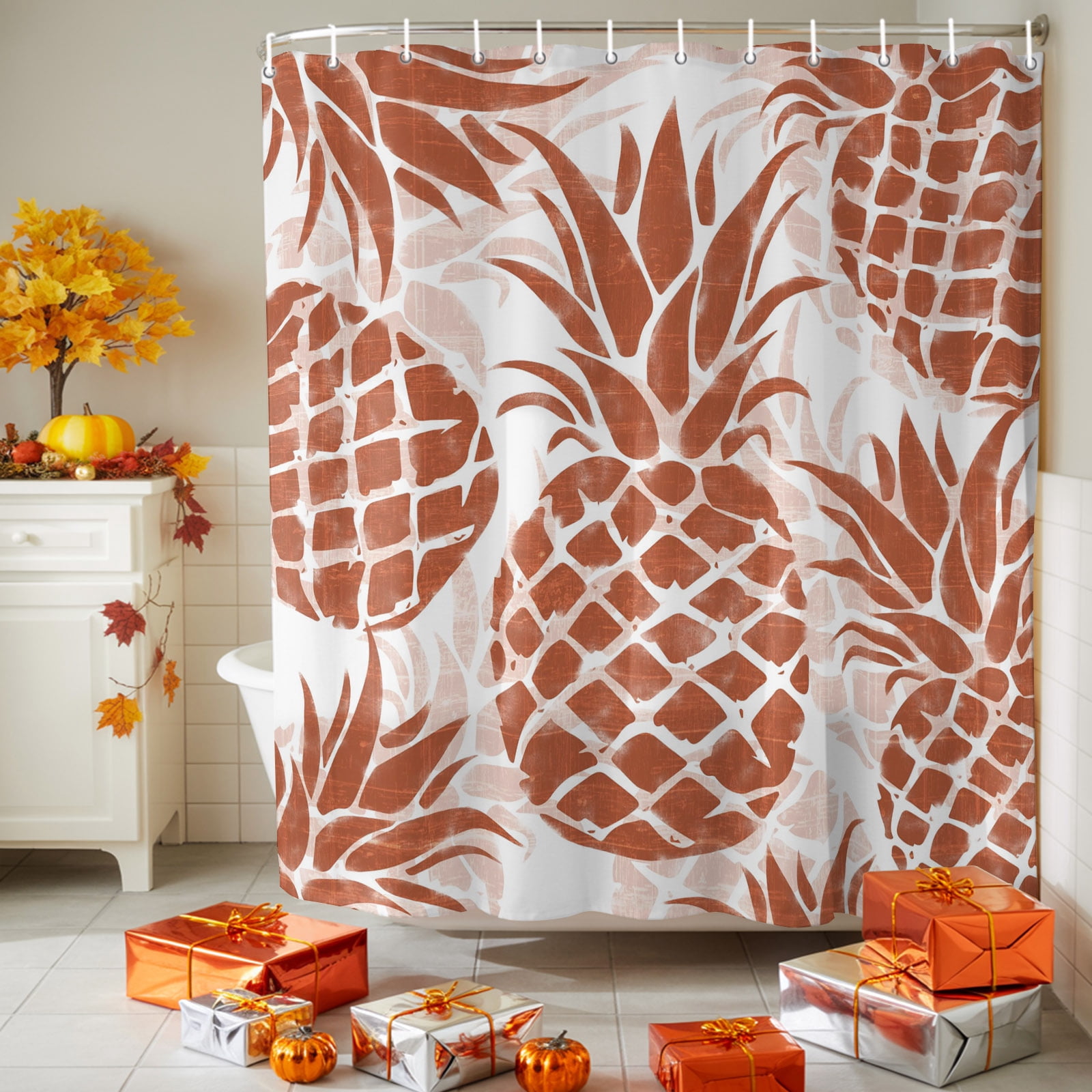 Bathroom Shower Curtain Farmhouse Burnt Orange Pineapple Leaves ...