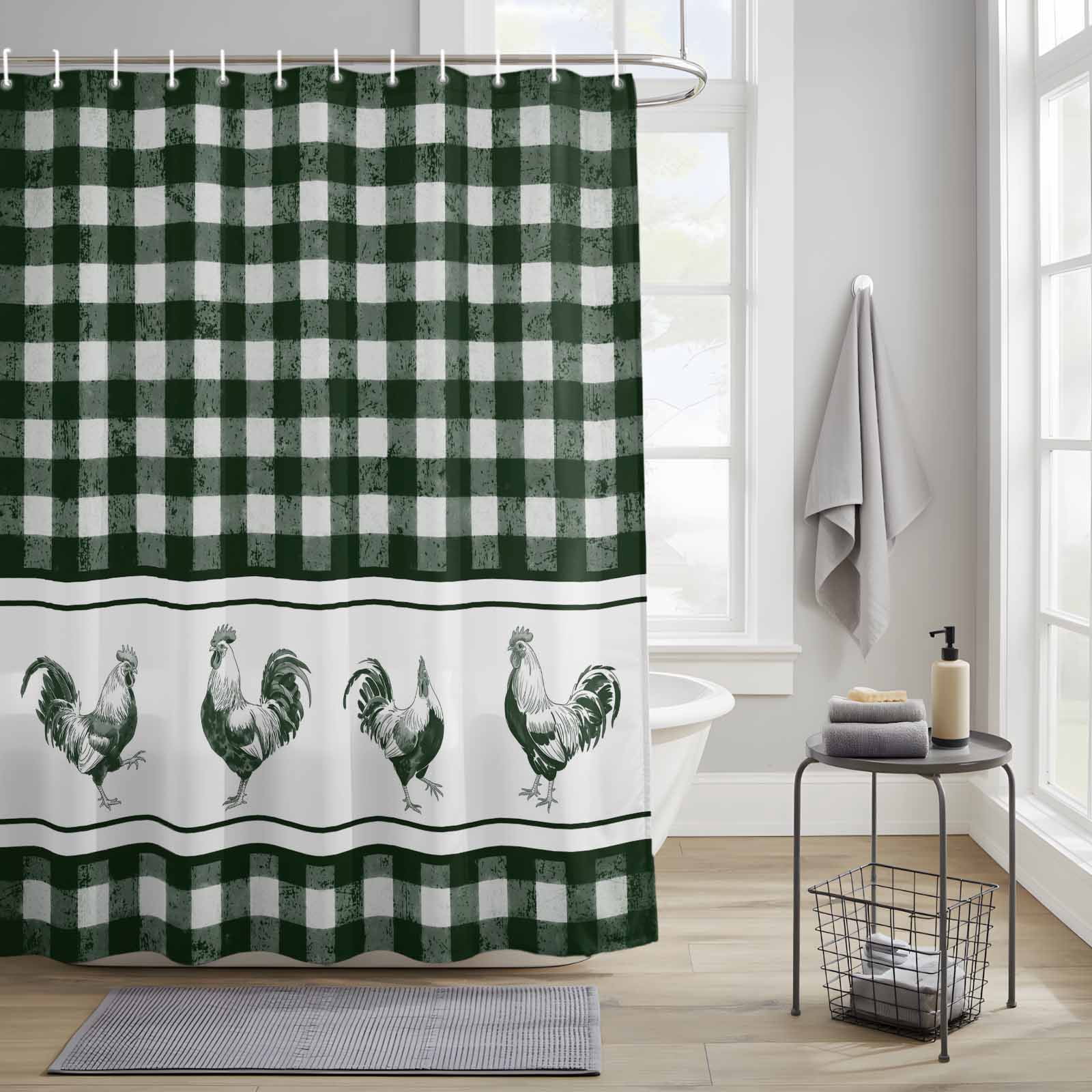 Bathroom Shower Curtain Farmhouse Cock Green Checkered Waterproof ...