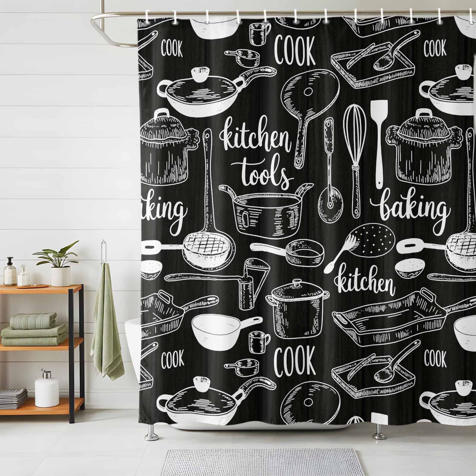 Bathroom Shower Curtain Farmhouse Cooking Tools on Black Waterproof ...