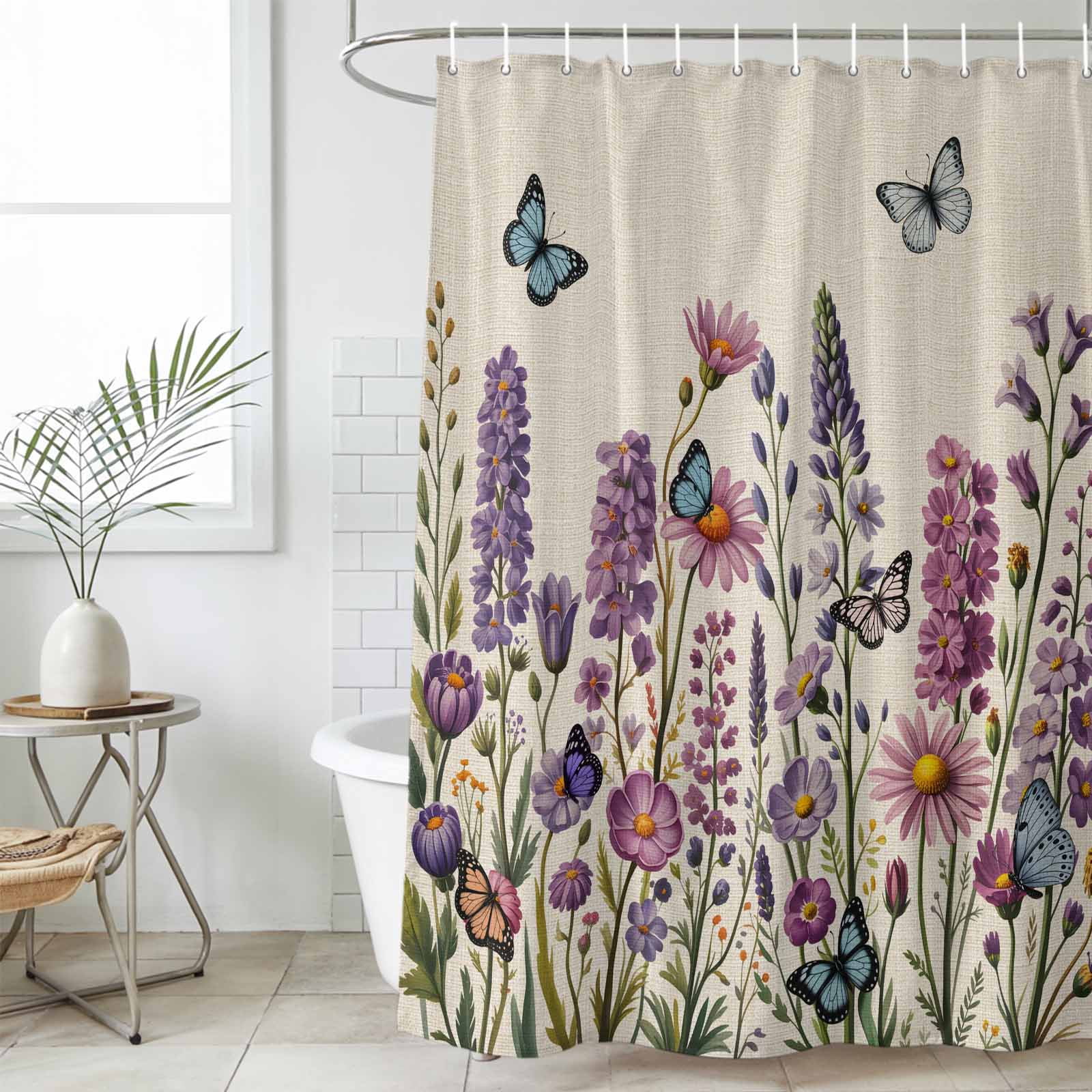 Bathroom Shower Curtain Farmhouse Daisy Lavender Plants Waterproof ...