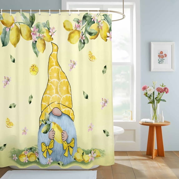 Bathroom Shower Curtain Farmhouse Gnome Lemon Flower Leaf Waterproof ...
