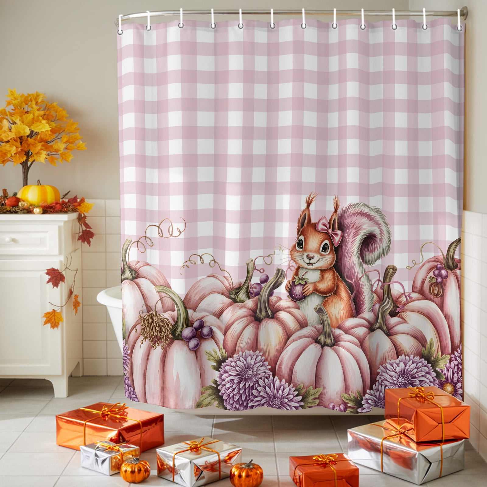 Bathroom Shower Curtain Farmhouse Pink Pumpkin Squirrel Flower ...