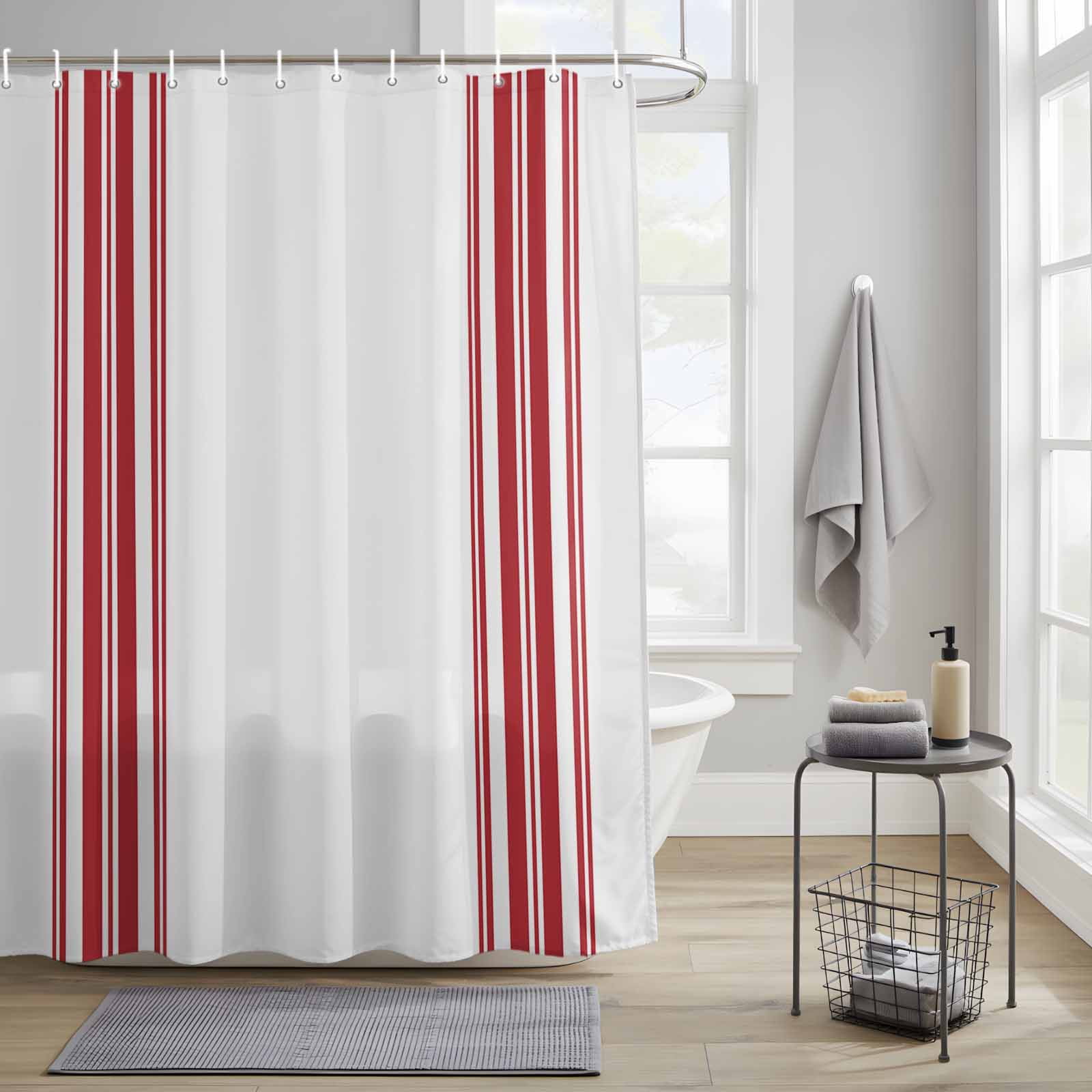 Bathroom Shower Curtain Farmhouse Red Stripes Waterproof Shower ...