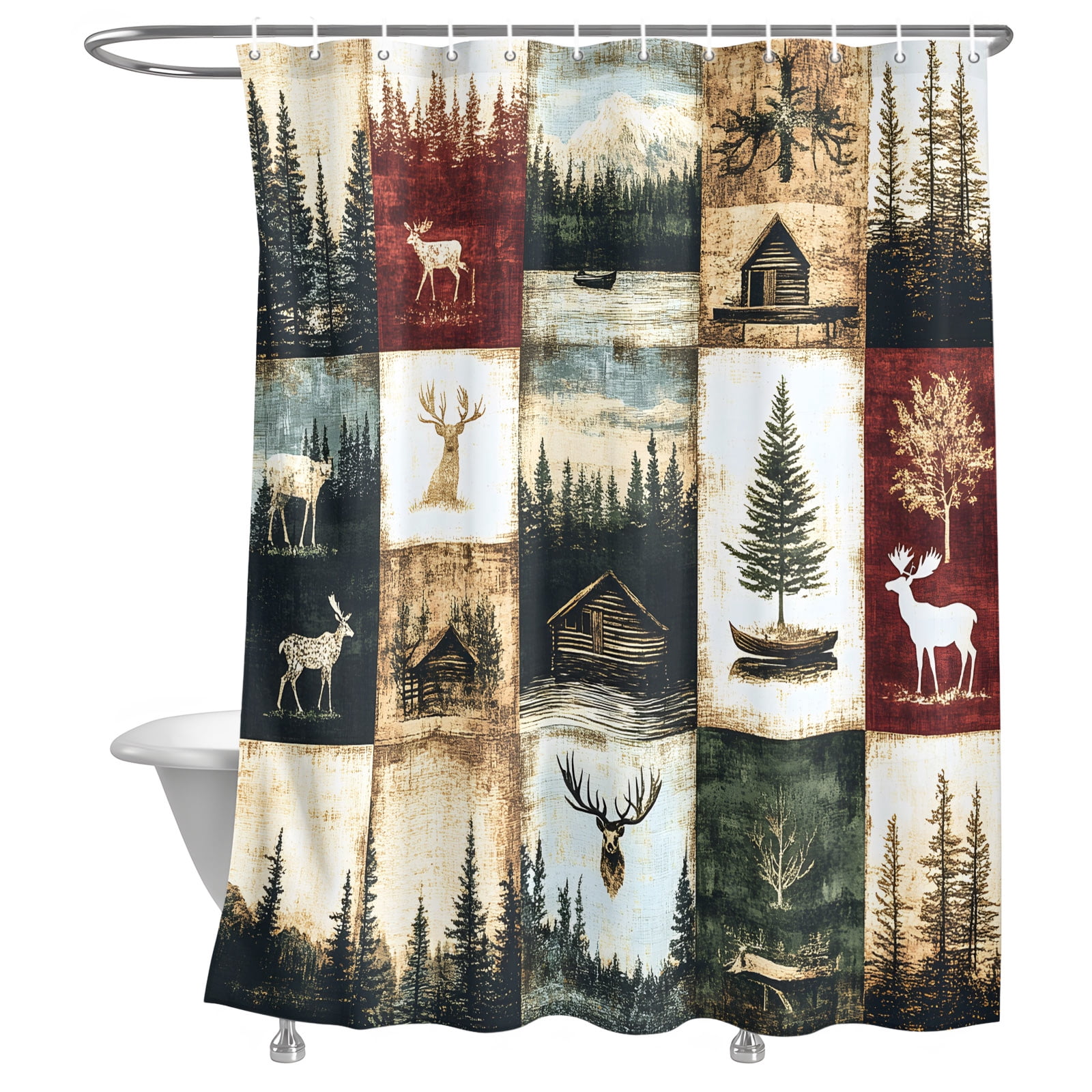 Bathroom Shower Curtain Farmhouse Retro Deer Tree Waterproof Shower ...