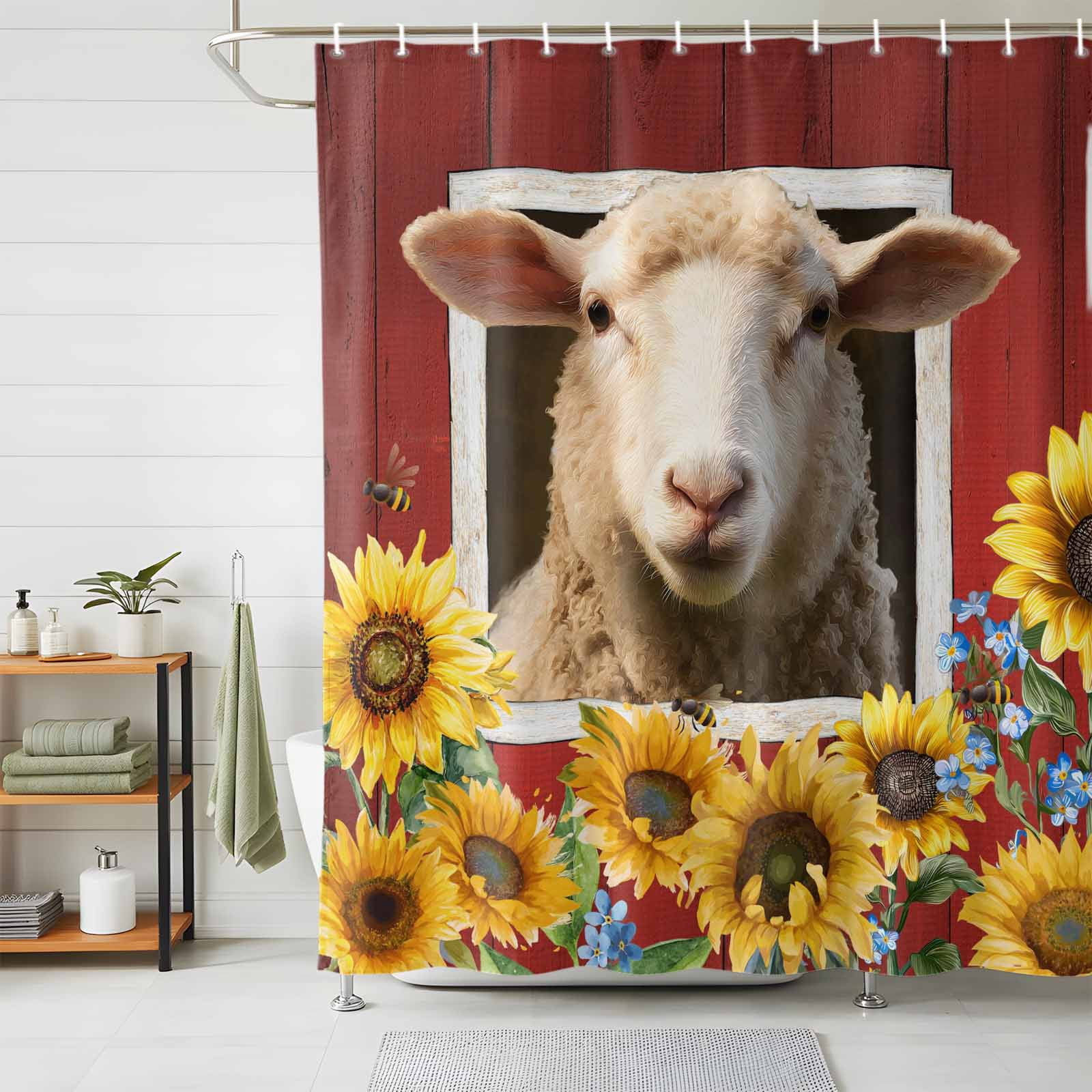 Bathroom Shower Curtain Farmhouse Sheep and Sunflower Waterproof Shower ...