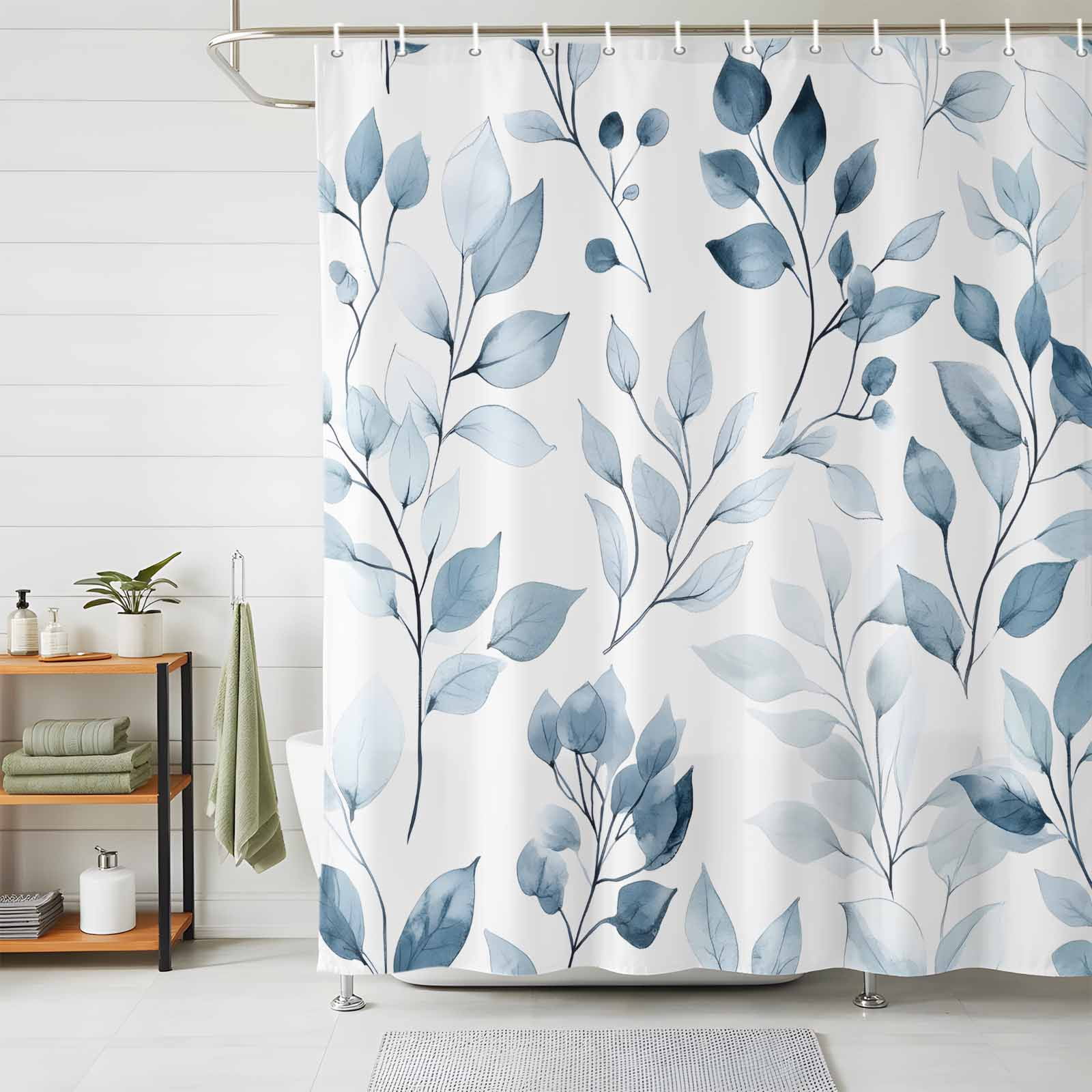 Bathroom Shower Curtain Farmhouse Watercolor Leaves Waterproof Shower ...