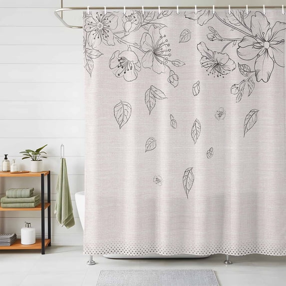 Bathroom Shower Curtain Flower Sketch on Burlap Linen Waterproof Shower ...