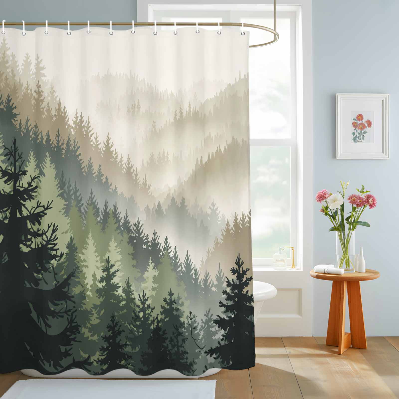 Bathroom Shower Curtain Foggy Forest Watercolor Tree Waterproof Shower ...
