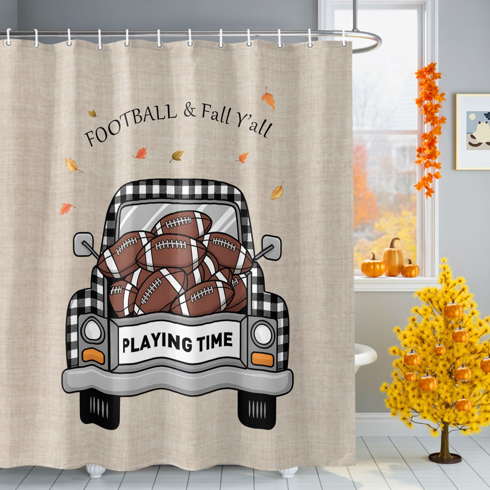 Bathroom Shower Curtain Football Farm Truck Black White Plaid ...