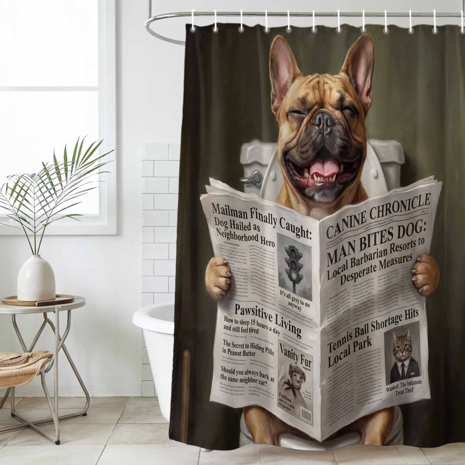 Bathroom Shower Curtain Funny Bulldog Reading Newspaper Waterproof ...