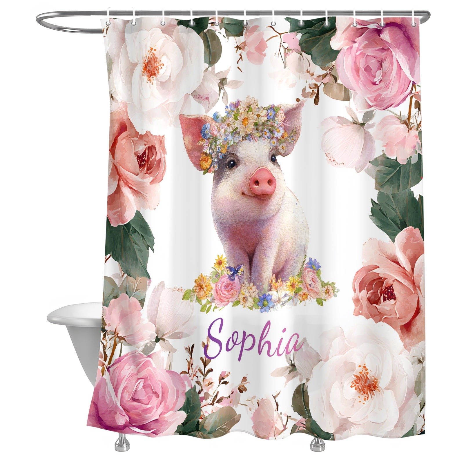 Bathroom Shower Curtain Funny Pig Pink Flower Waterproof Shower ...