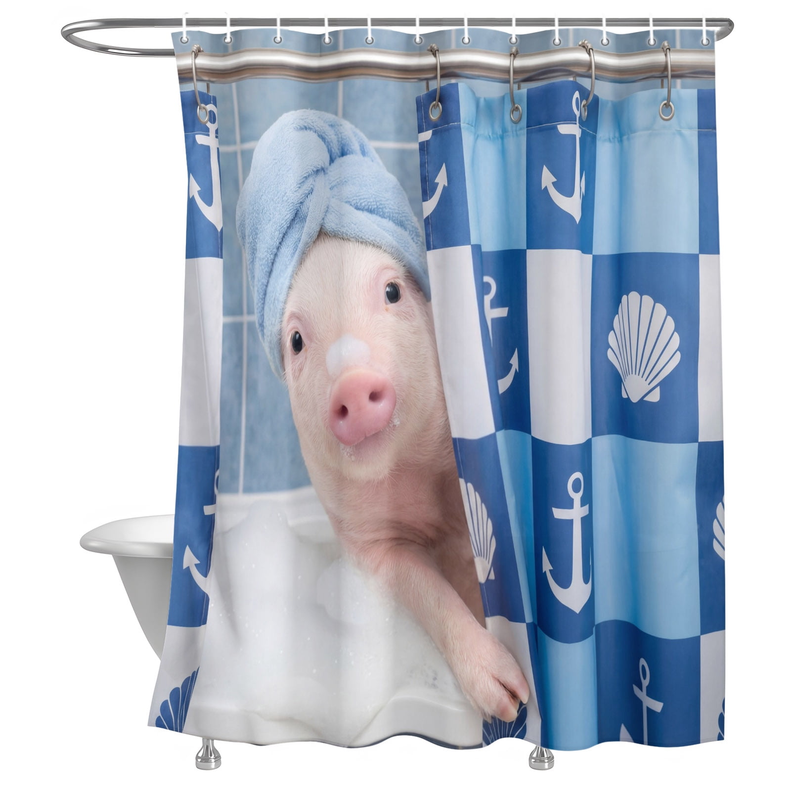 Bathroom Shower Curtain Funny Pink Pigs Bathing Nautical Shell ...
