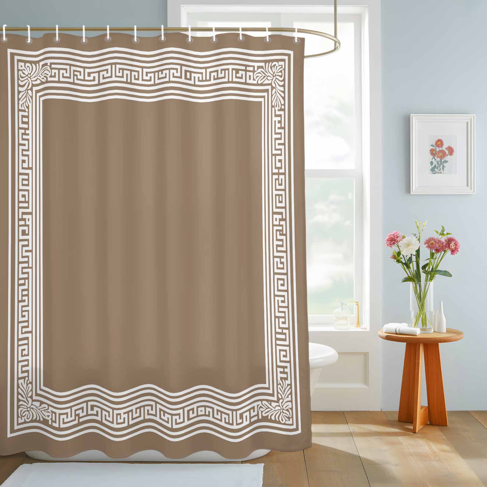 Bathroom Shower Curtain Geometric Key Design on Brown Waterproof Shower ...