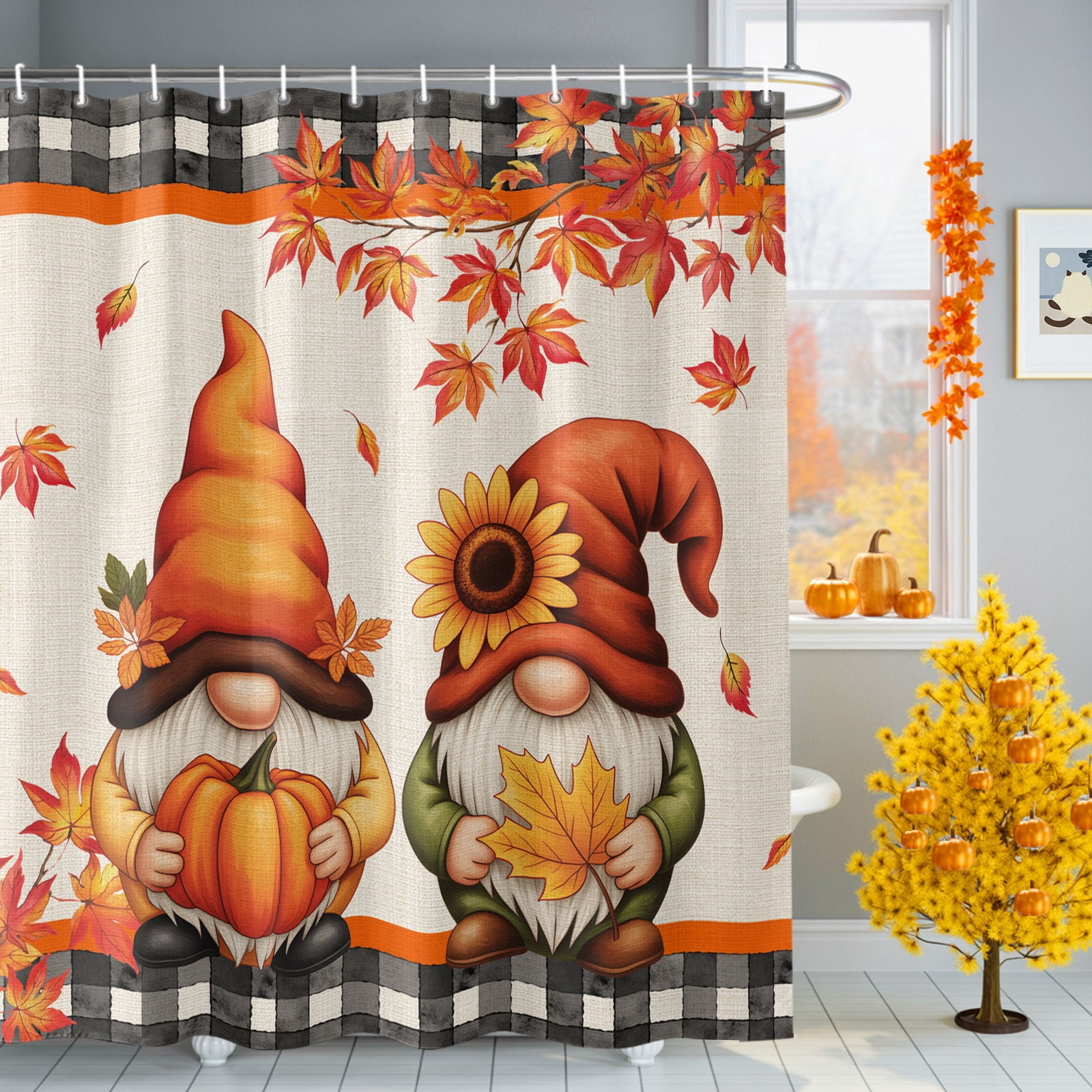 Bathroom Shower Curtain Gnome Thanksgiving Maple Leaf Waterproof Shower ...