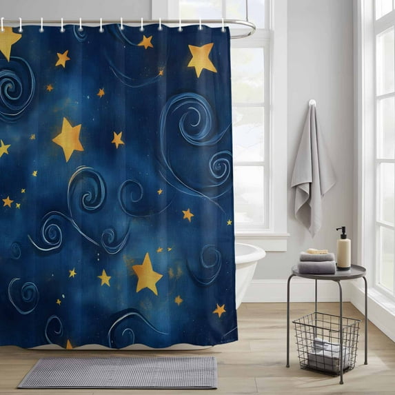 Bathroom Shower Curtain Gold Star Swirling on Dark Blue Waterproof ...