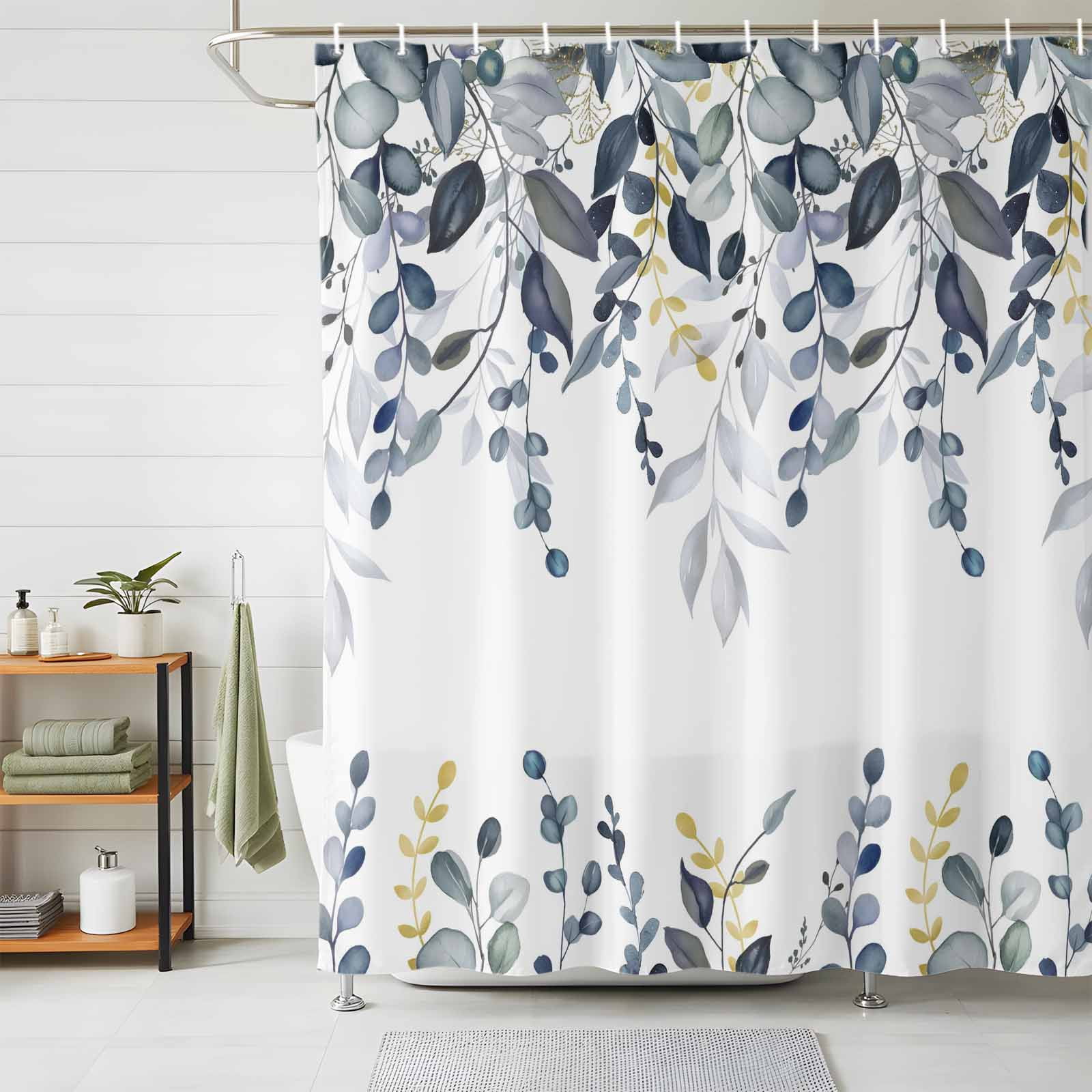 Bathroom Shower Curtain Gradient Blue Eucalyptus Leaf Waterproof Shower ...