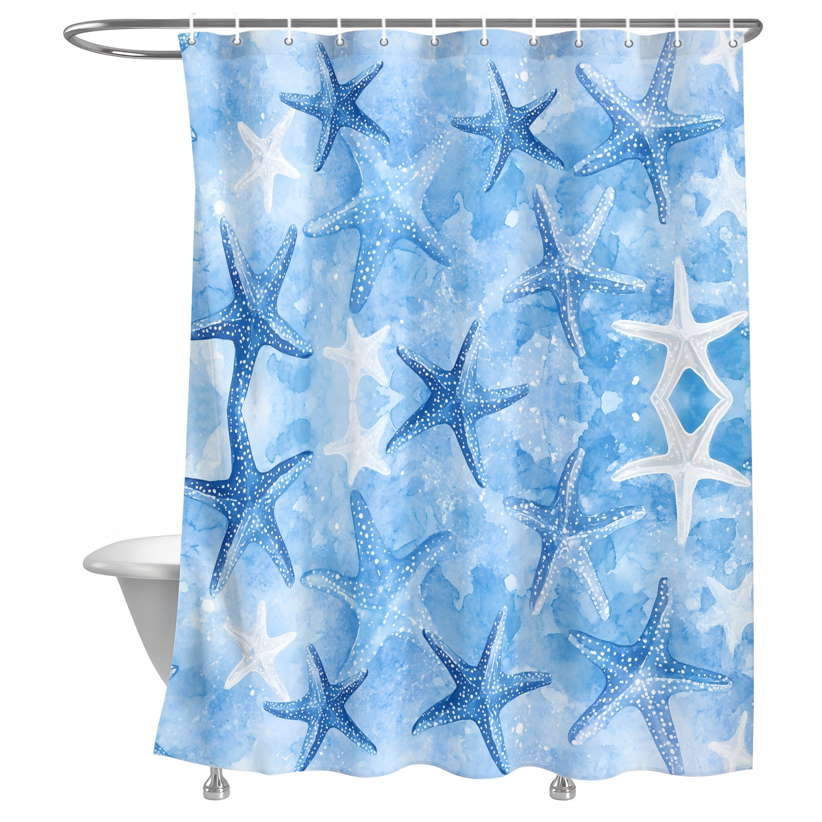 Bathroom Shower Curtain Gradient Blue Ocean Starfish Waterproof Shower ...