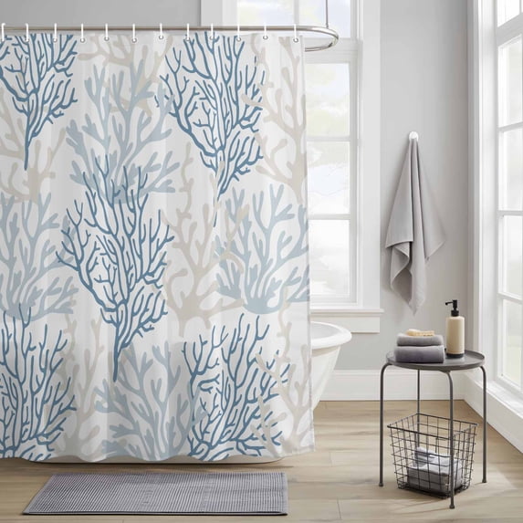 Bathroom Shower Curtain Gradient Ocean Blue Grey Coral Waterproof ...