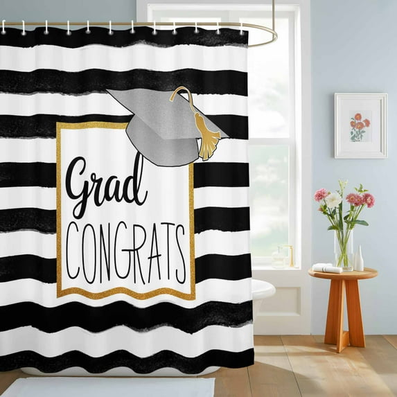 Bathroom Shower Curtain Graduation Hat Golden Lines Border Waterproof ...