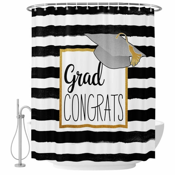 Bathroom Shower Curtain Graduation Hat Golden Lines Border Waterproof ...