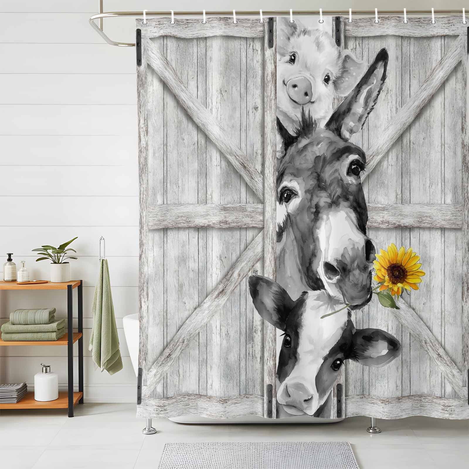 Bathroom Shower Curtain Gray Donkey Pig Cow Wood Grain Waterproof ...