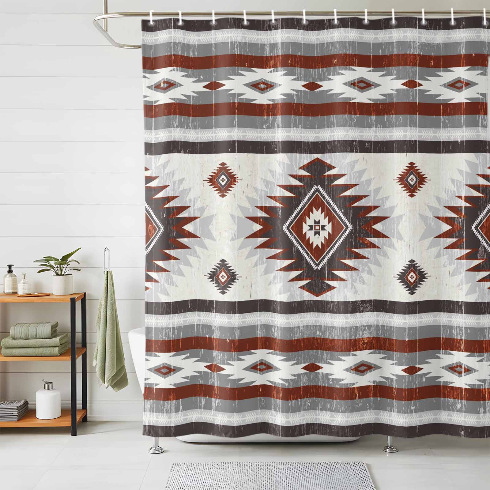 Bathroom Shower Curtain Gray Red Boho Aztec Geometric Waterproof Shower ...