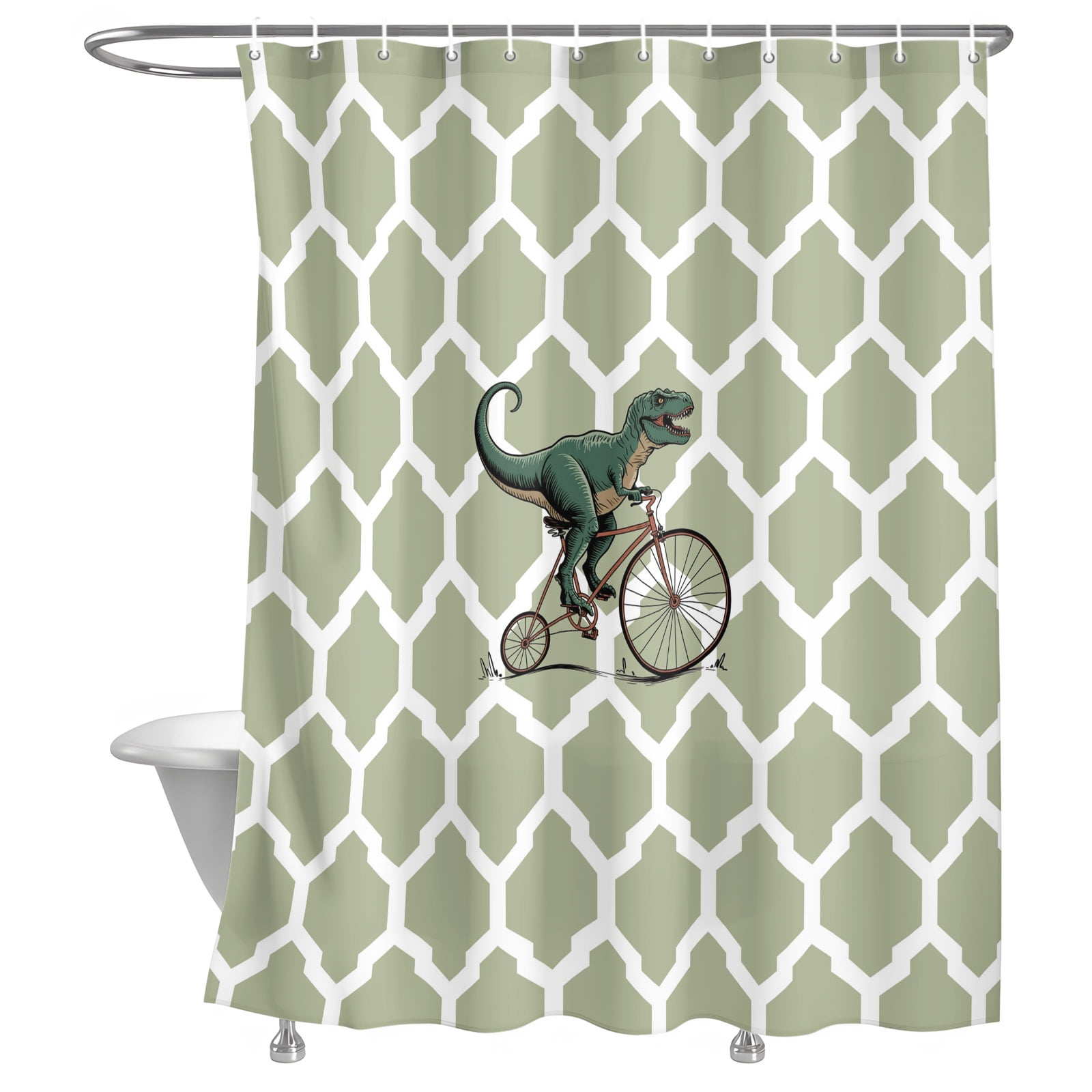 Bathroom Shower Curtain Green Dinosaur Bicycle Waterproof Shower ...