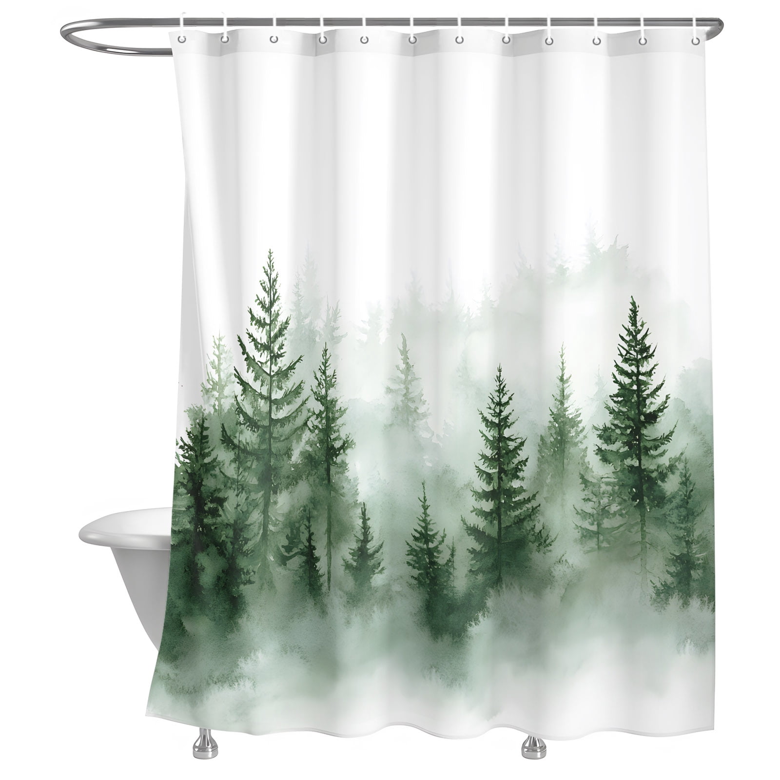 Bathroom Shower Curtain Green Tree Plant Misty Forest Waterproof Shower ...