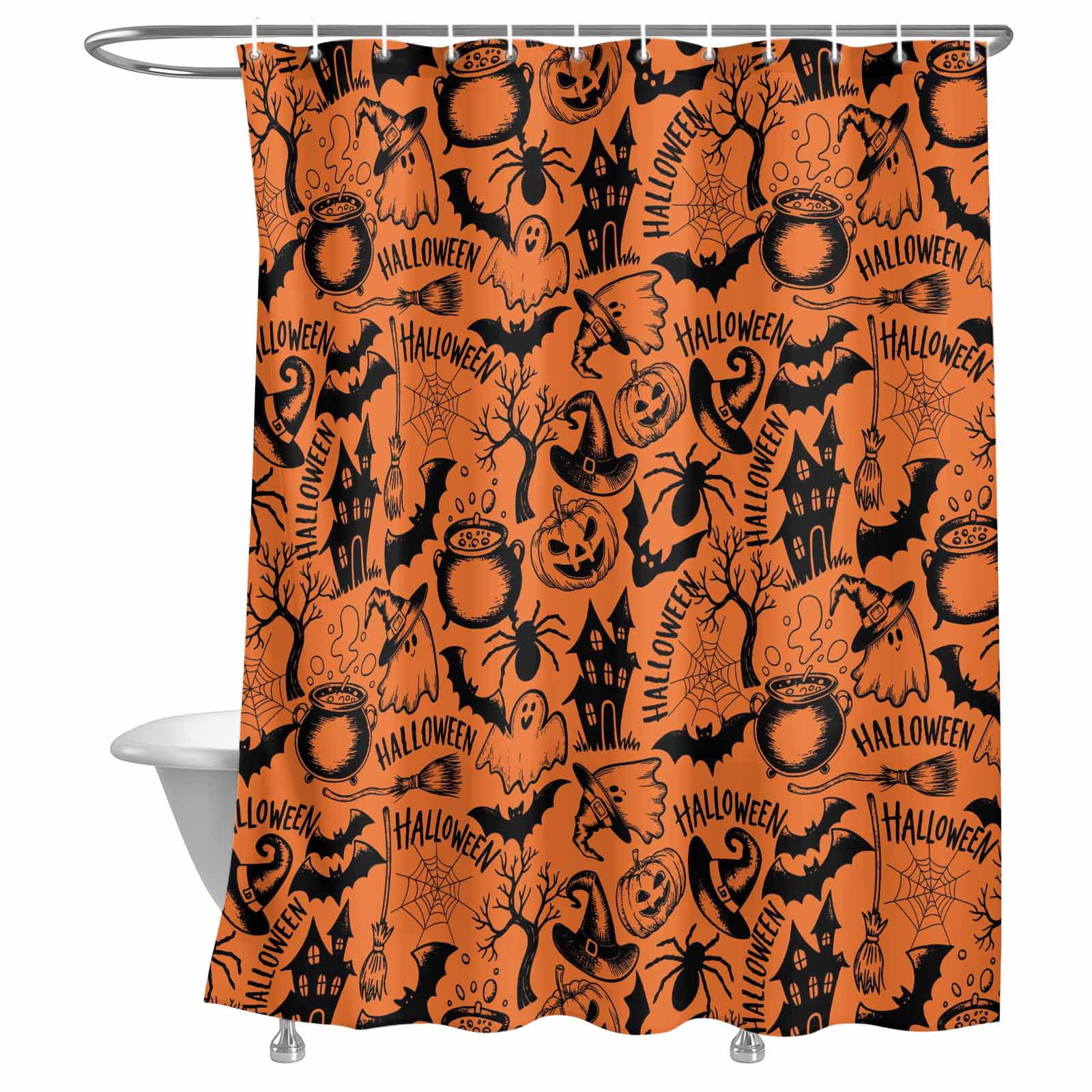 Bathroom Shower Curtain Halloween Bat Castle Orange Black Waterproof ...