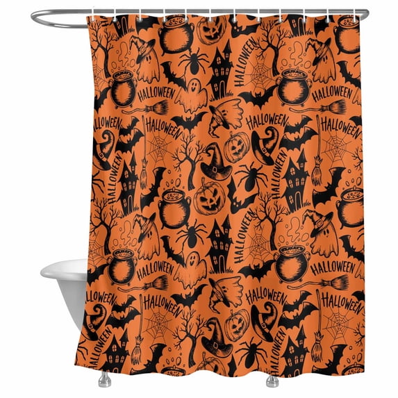 Bathroom Shower Curtain Halloween Bat Castle Orange Black Waterproof ...
