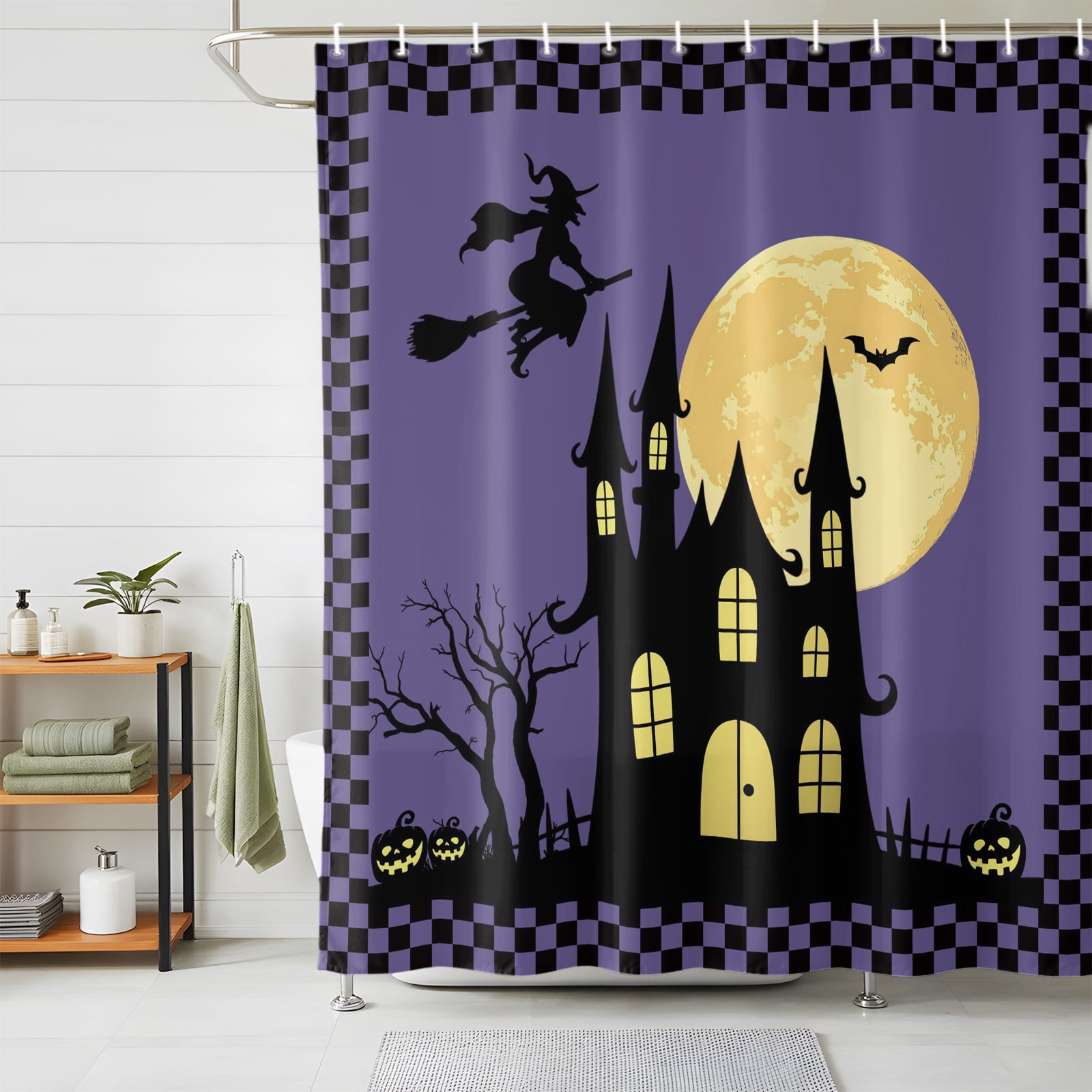 Bathroom Shower Curtain Halloween Haunted Castle Witch Moon Night ...