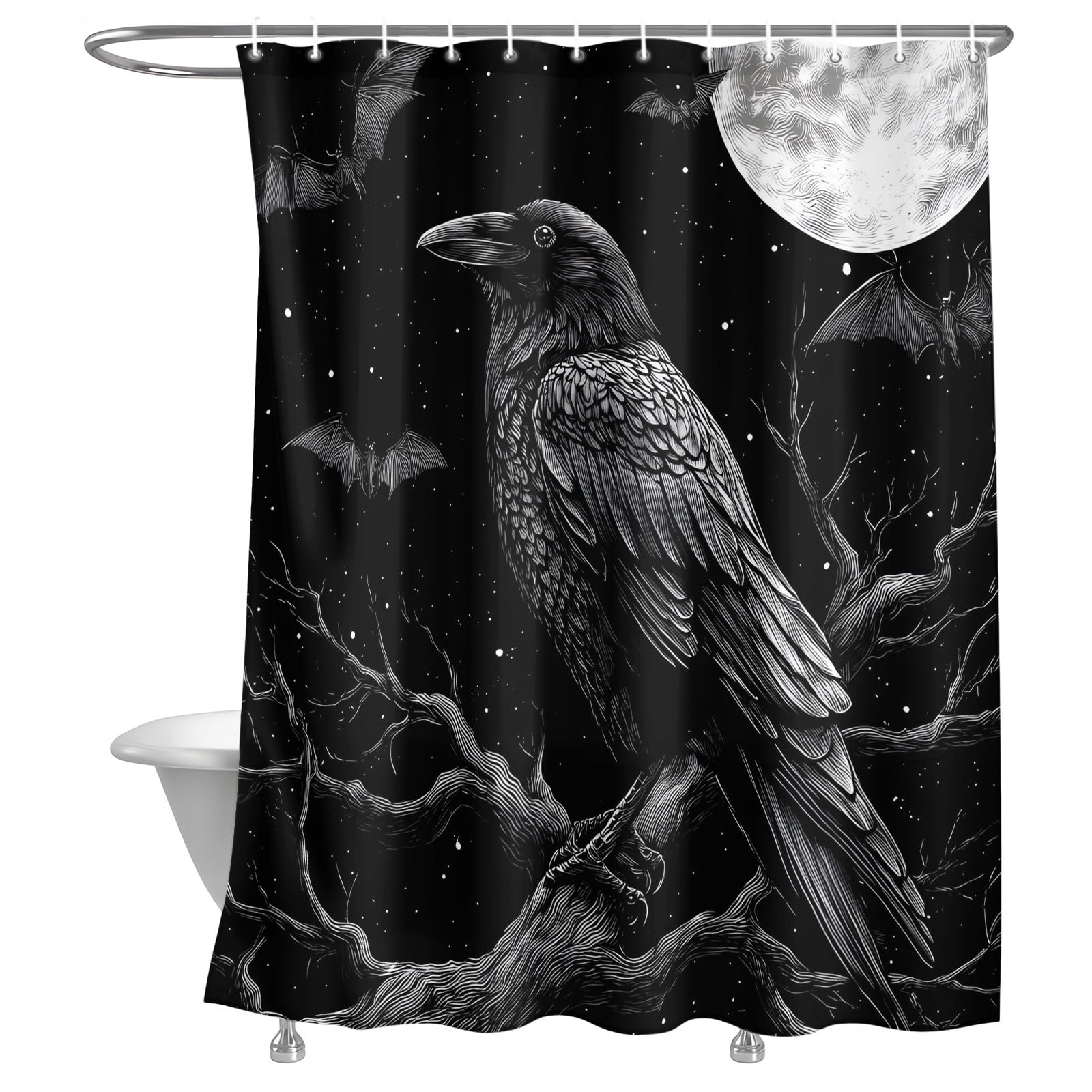 Bathroom Shower Curtain Halloween Horror Crow Bat Black Waterproof ...