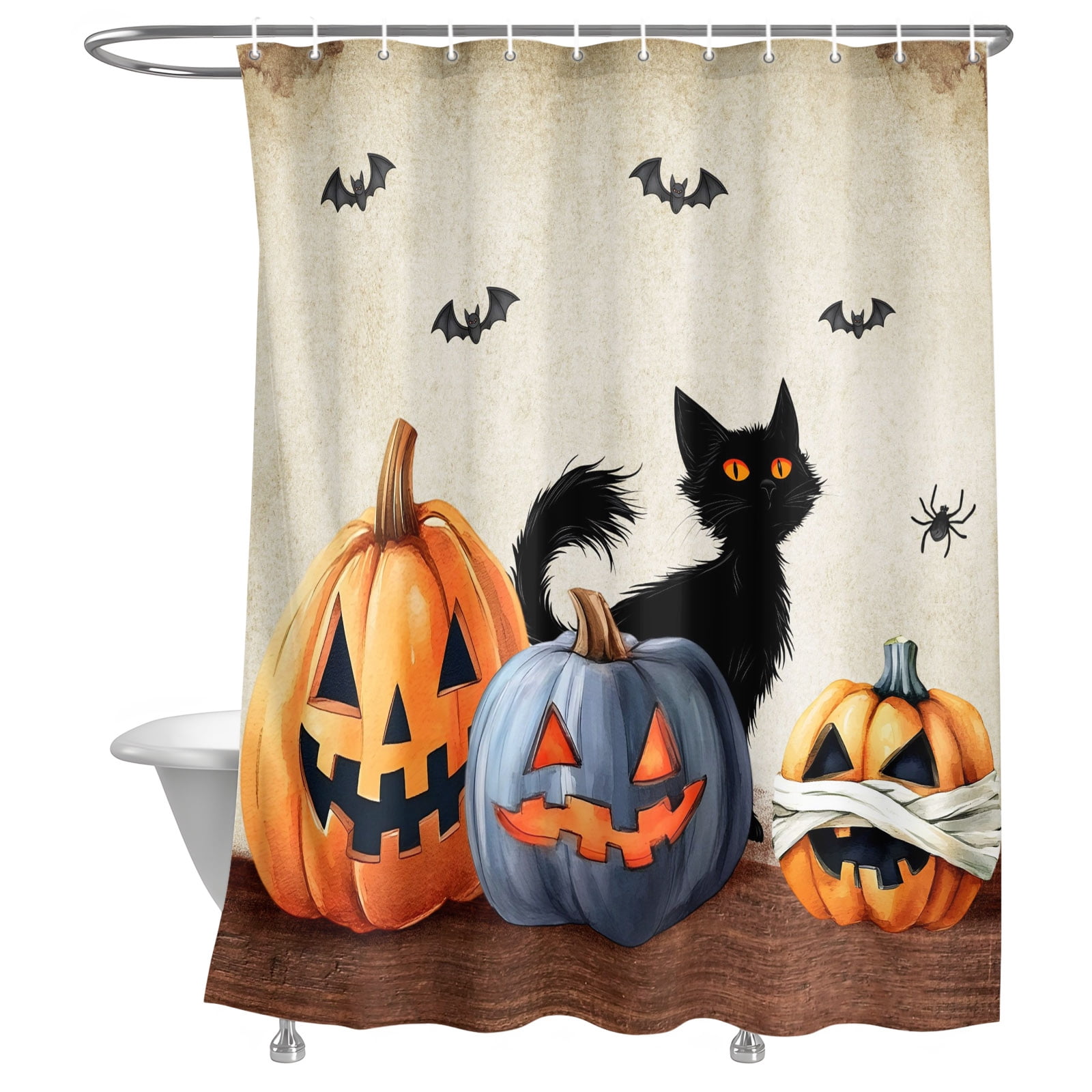 Bathroom Shower Curtain Halloween Pumpkin Ghost Black Cat Waterproof ...