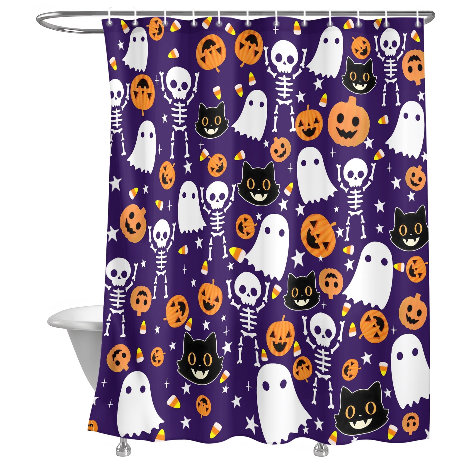 Bathroom Shower Curtain Halloween Pumpkin Ghost Skull Black Cat ...