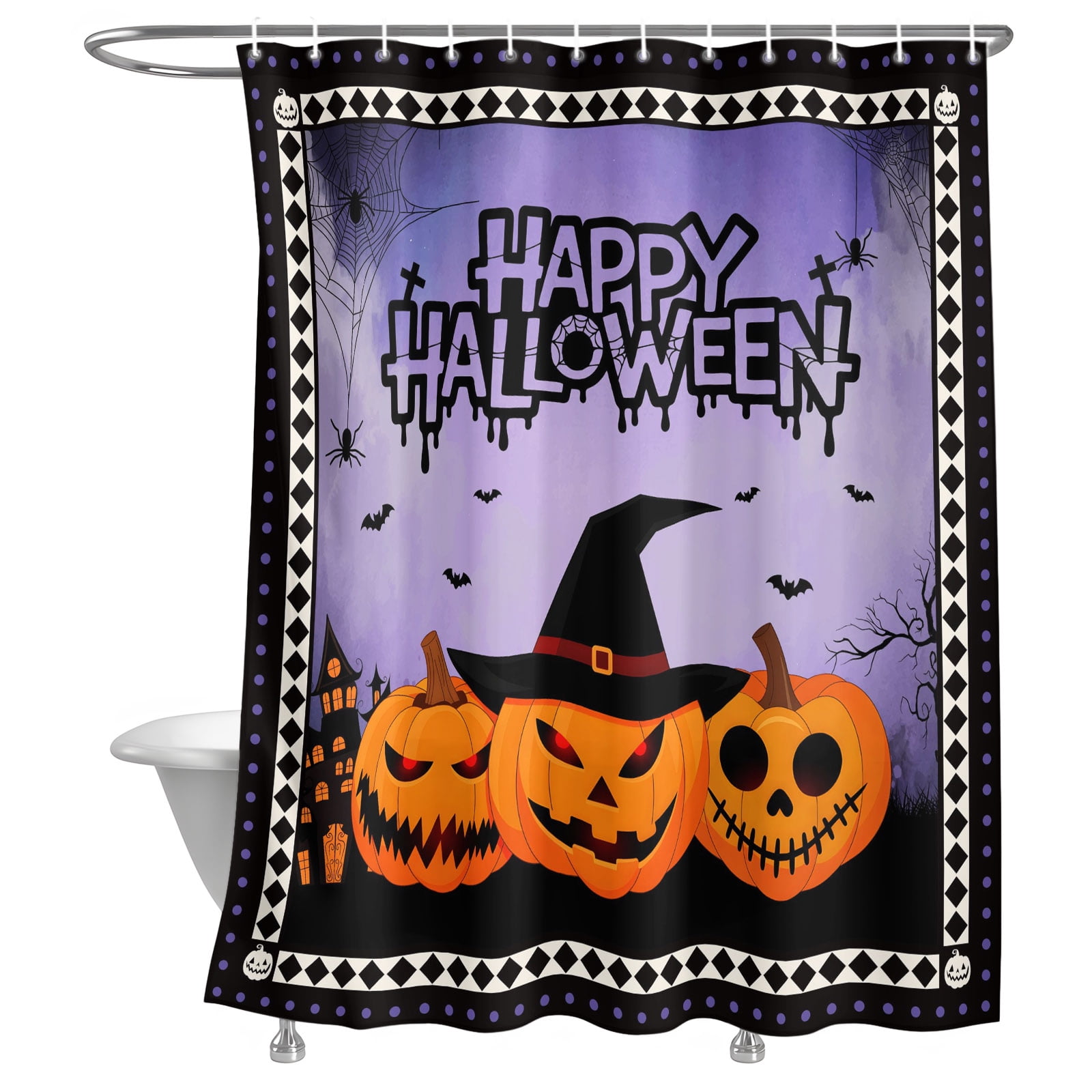 Bathroom Shower Curtain Halloween Pumpkin Ghost Witch Hat Crow ...