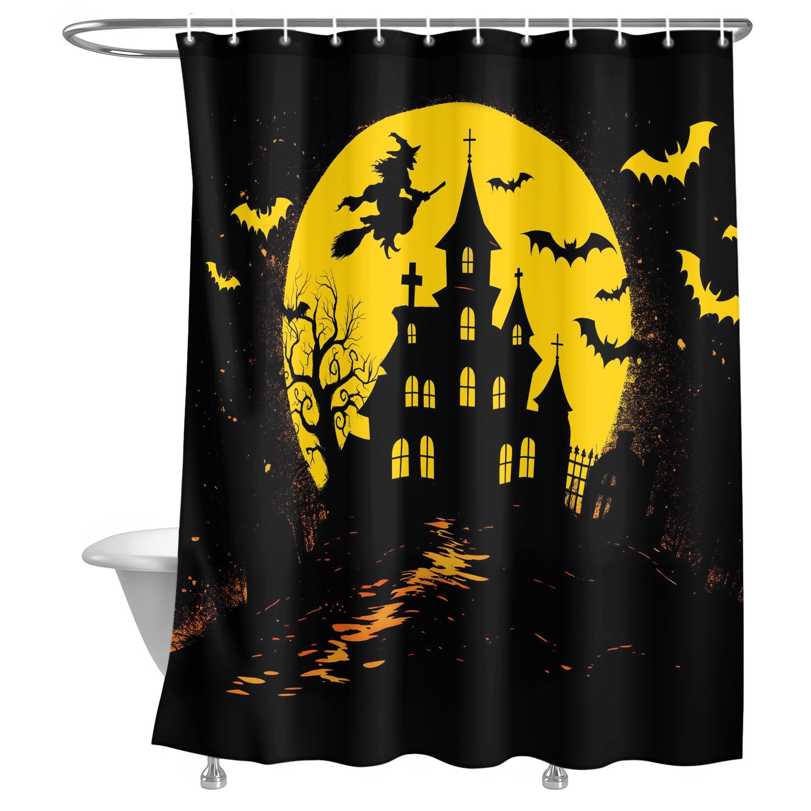 Bathroom Shower Curtain Halloween Scary Castle Bat Witch Waterproof ...