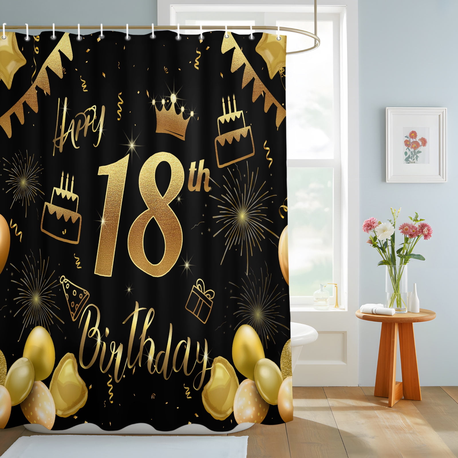 Bathroom Shower Curtain Happy 18th Birthday Celebration Waterproof ...