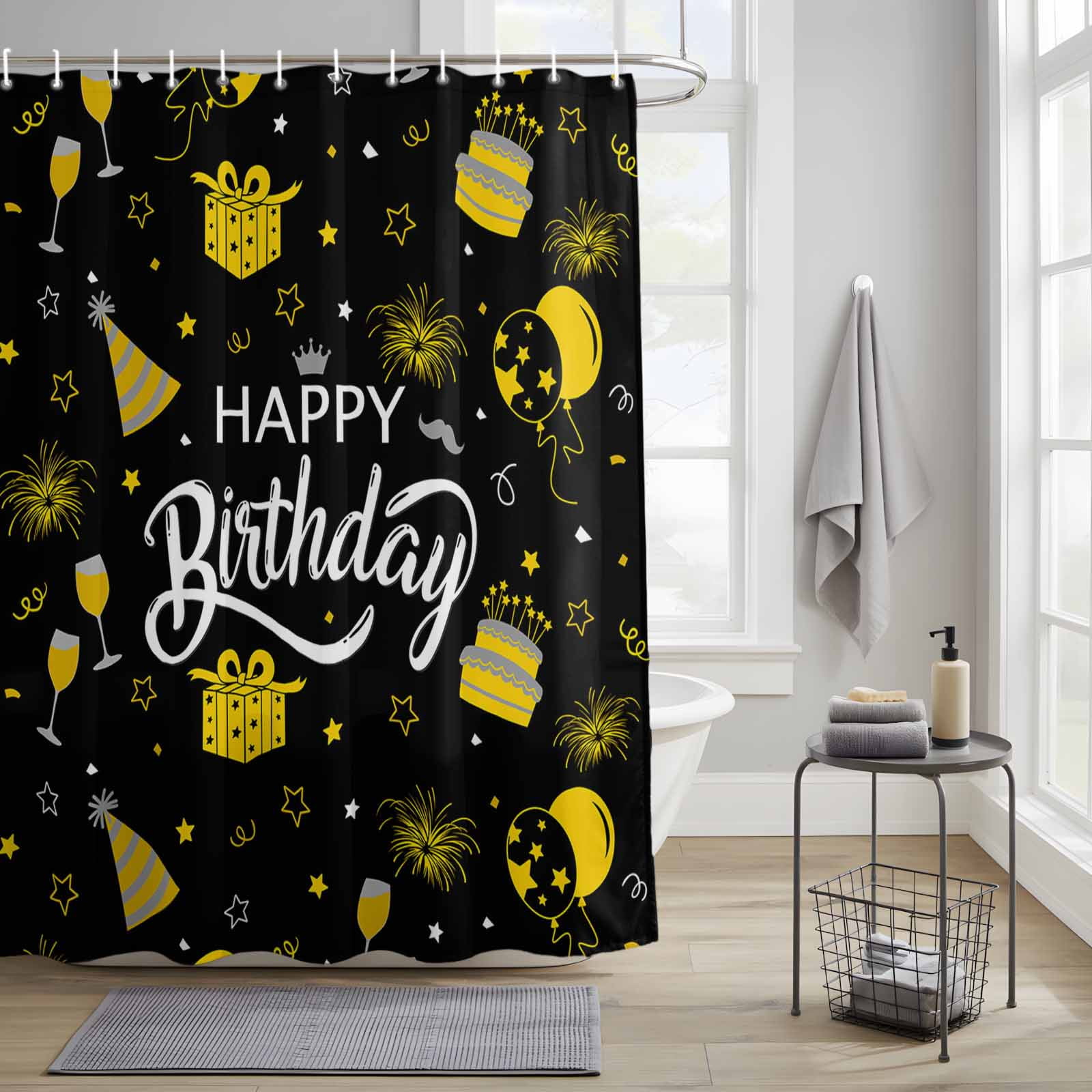 Bathroom Shower Curtain Happy Birthday Cake Balloon Firework Waterproof ...