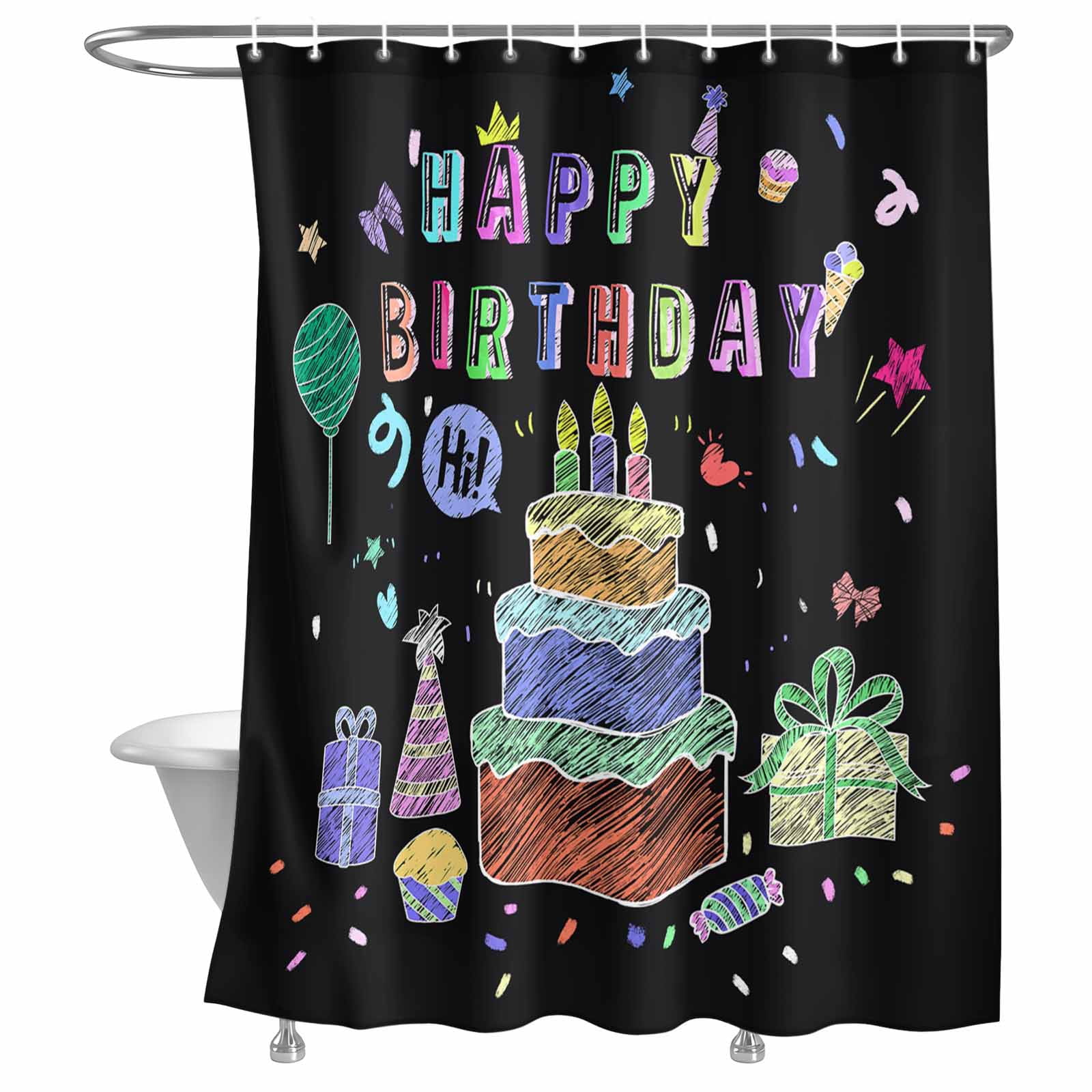 Bathroom Shower Curtain Happy Birthday Colorful Line Cake Present Box ...