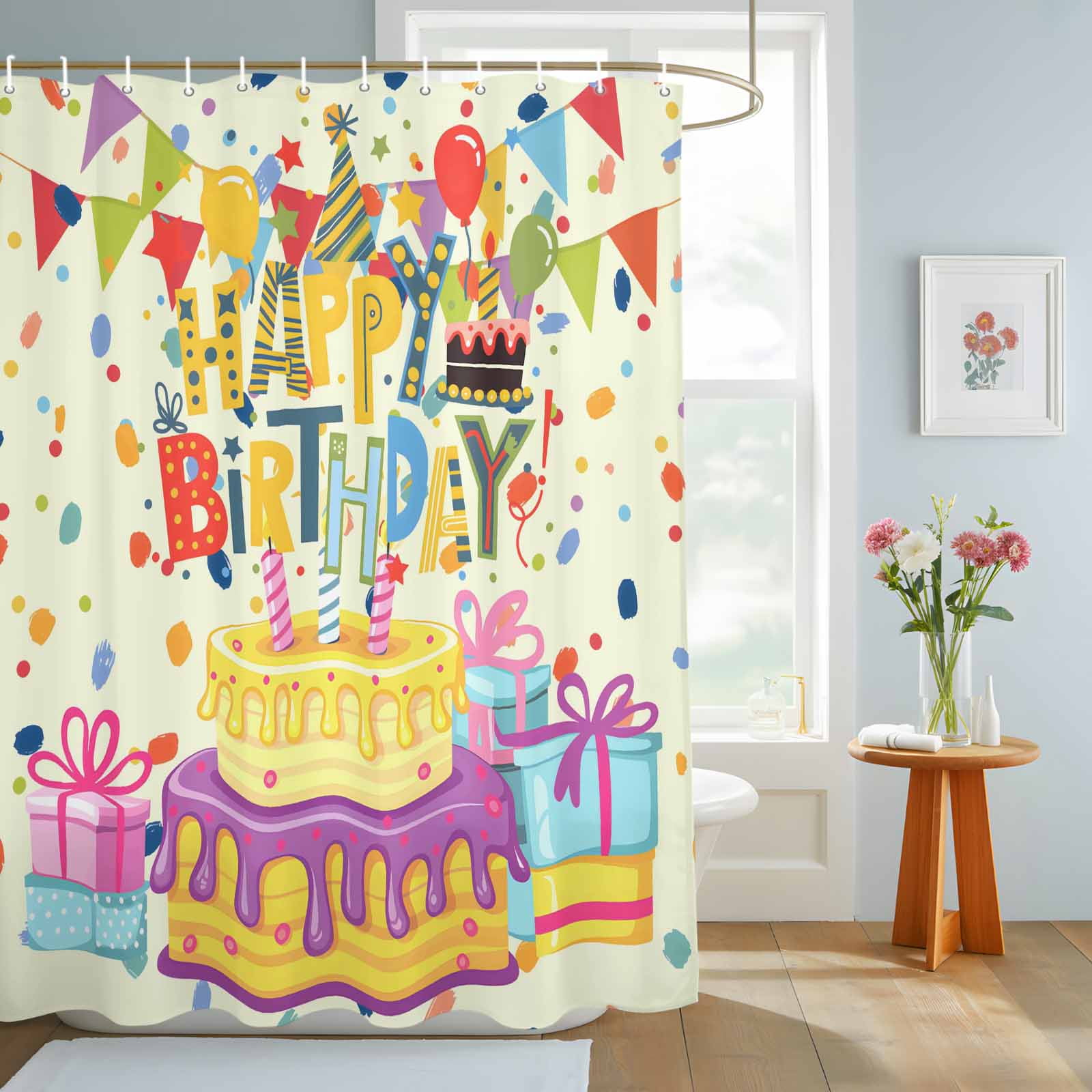 Bathroom Shower Curtain Happy Birthday Text Waterproof Shower Curtains ...