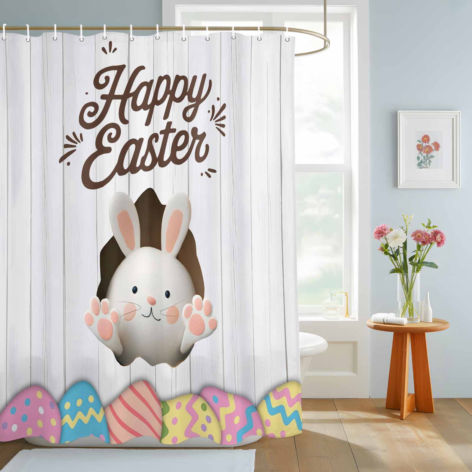 Bathroom Shower Curtain Happy Easter Cute Bunny Waterproof Shower ...