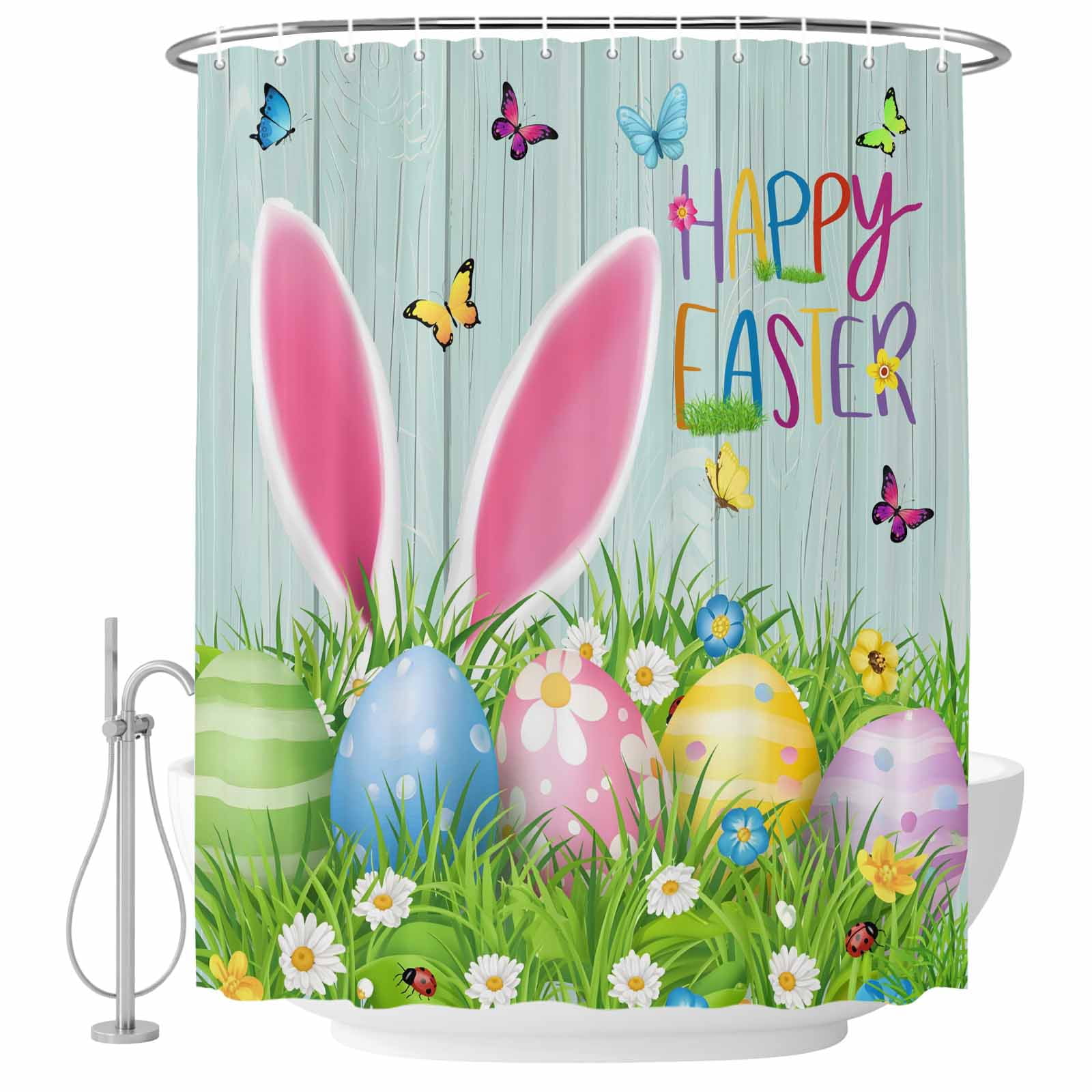 Bathroom Shower Curtain Happy Easter Eggs Rabbit Ears Waterproof Shower ...