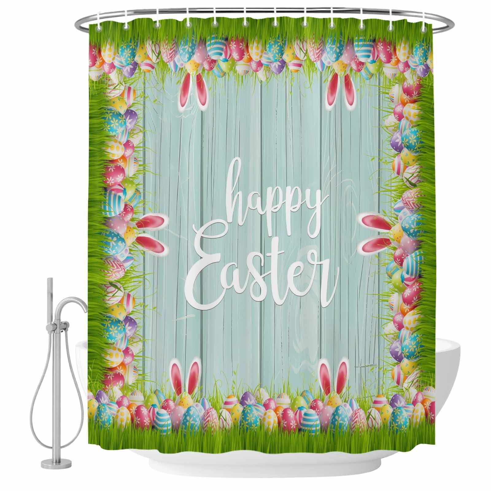 Bathroom Shower Curtain Happy Easter Words Bunnies Waterproof Shower ...