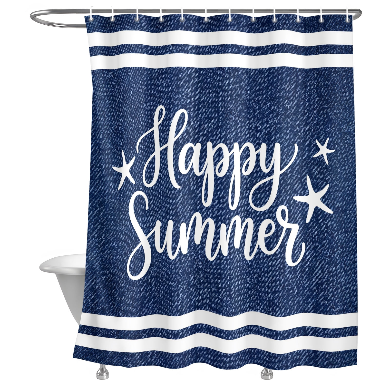 Bathroom Shower Curtain Happy Summer Quote Ocean Starfish Waterproof ...