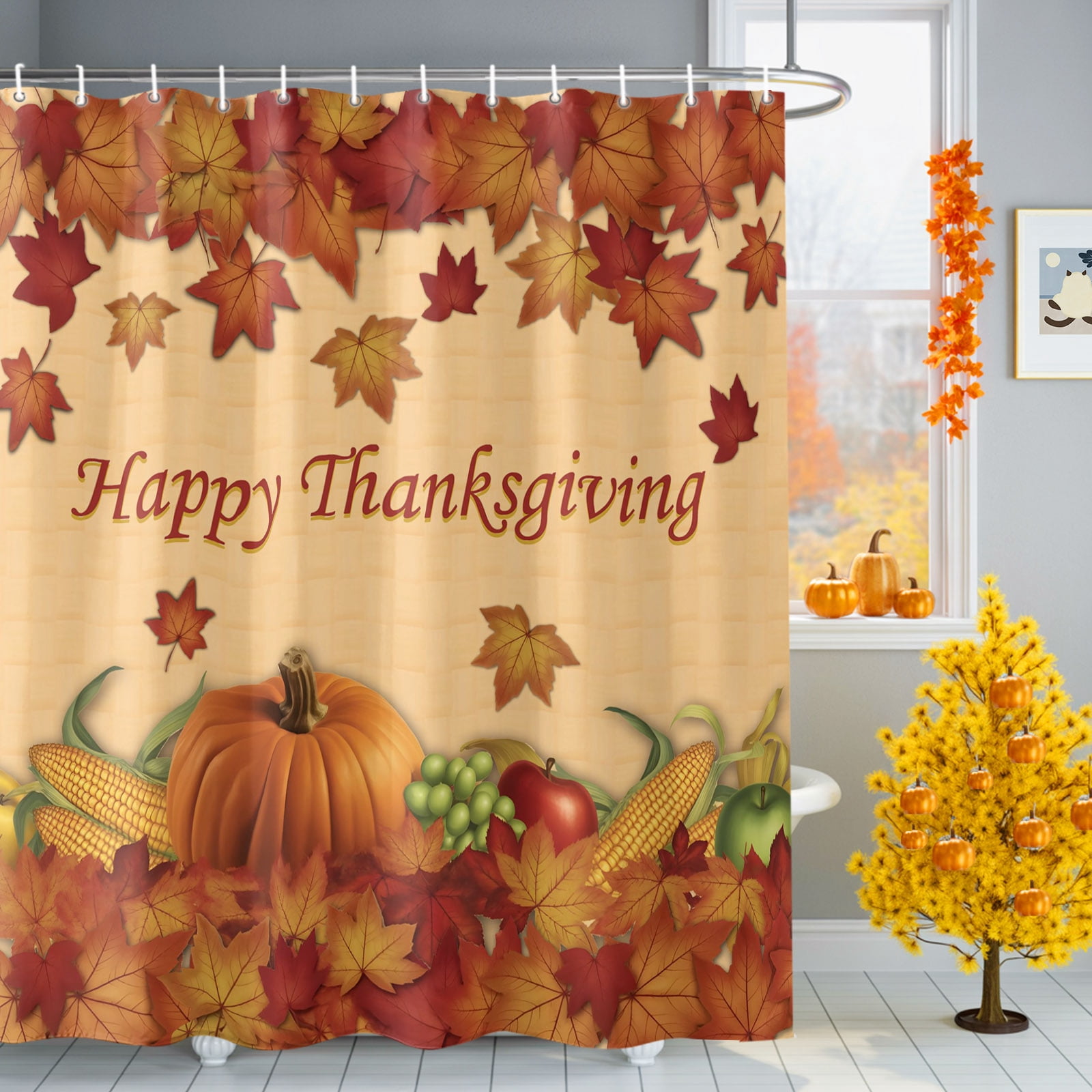 Bathroom Shower Curtain Happy Thanksgiving Pumpkin Fall Orange Maple ...