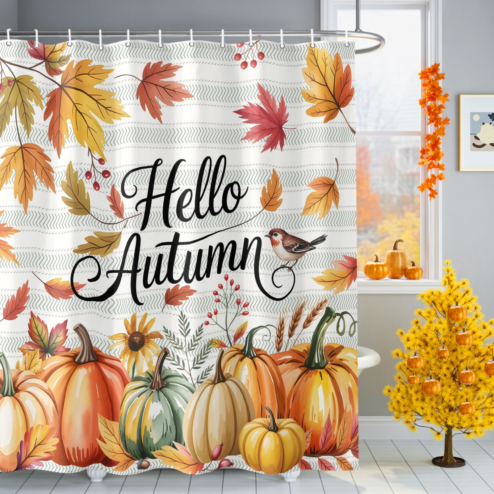Bathroom Shower Curtain Hello Autumn Bird Striped Waterproof Shower ...