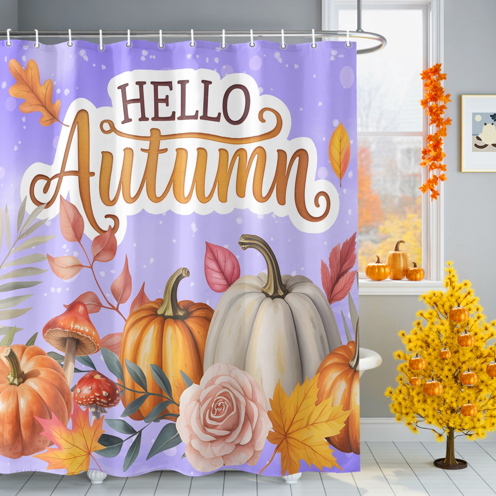 Bathroom Shower Curtain Hello Autumn Pumpkins Rose Flower Waterproof ...
