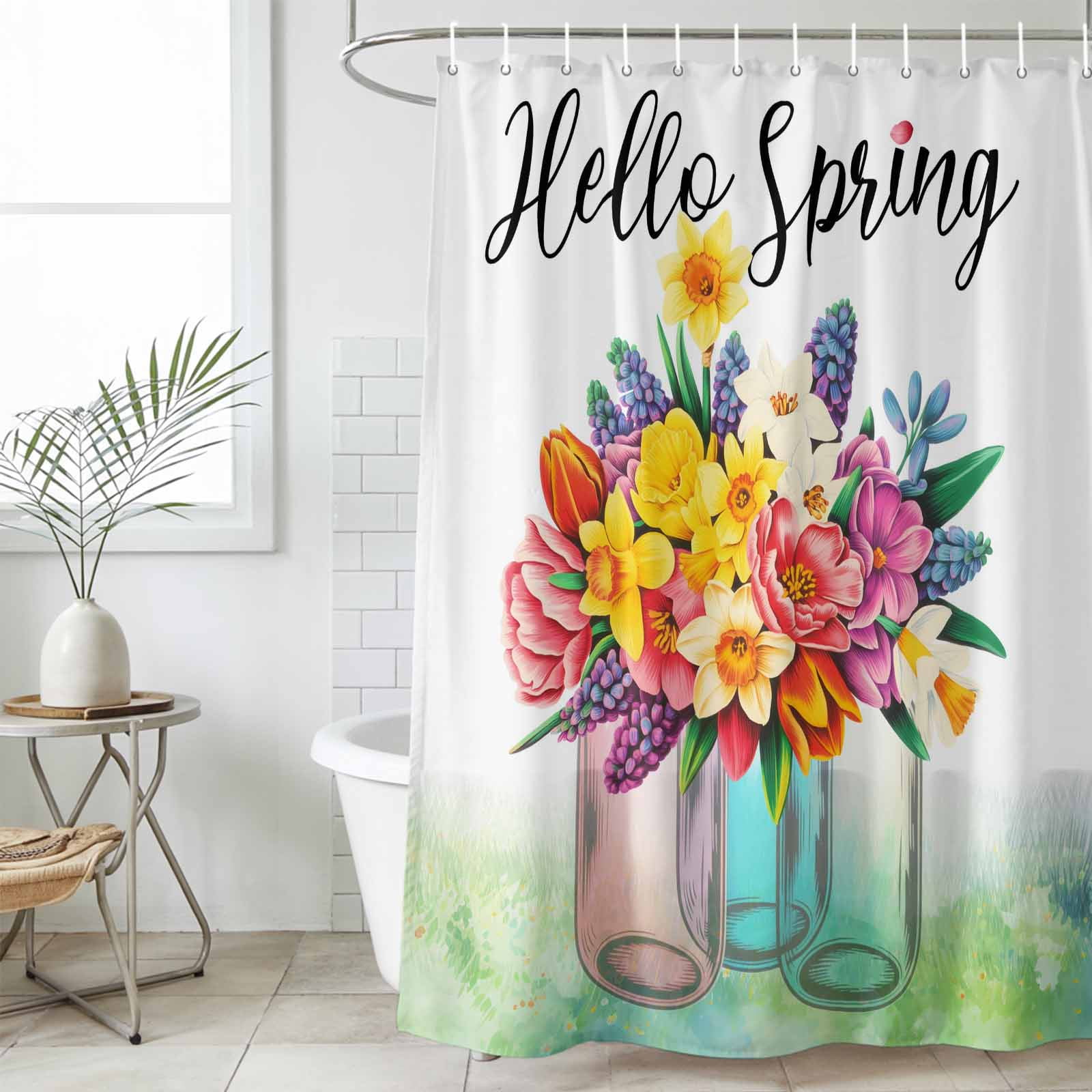 Bathroom Shower Curtain Hello Easter Spring Flowers Vase Butterfly ...